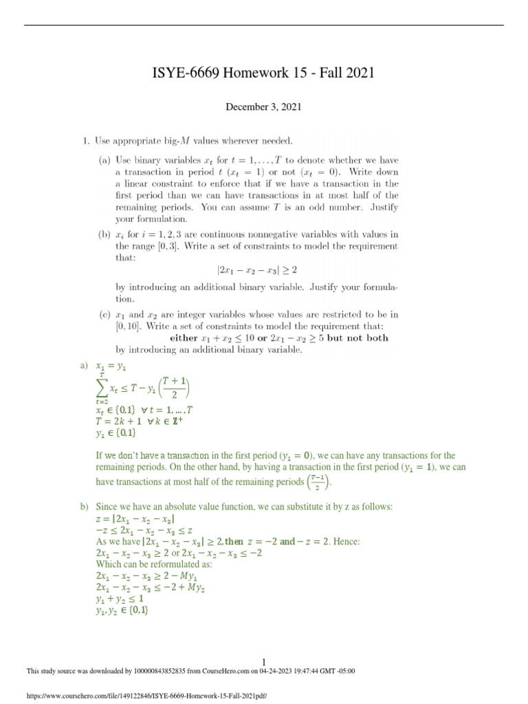 ISYE 6669 Homework 15 Fall 2021 PDF | PDF | Mathematics | Applied Mathematics