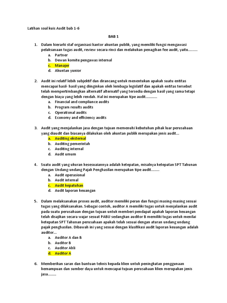 Latihan Soal Kuis Audit Bab 1-6 | PDF | Karier & Perkembangan | Bisnis