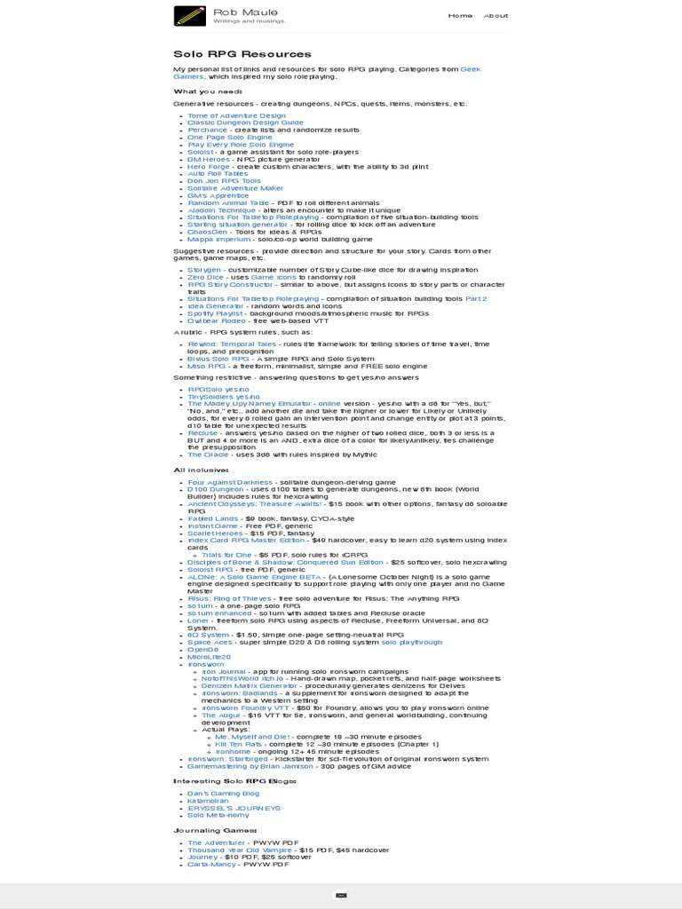 Solo RPG Resources - Rob Maule - Writings and Musings. | PDF | Role Playing Games | Tabletop ...