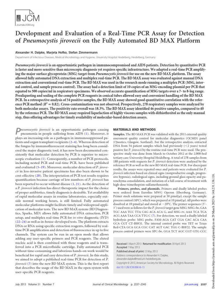 Development And Evaluation Of A Real Time Pcr Assay For Detection Of Pneumocystis Jirovecii