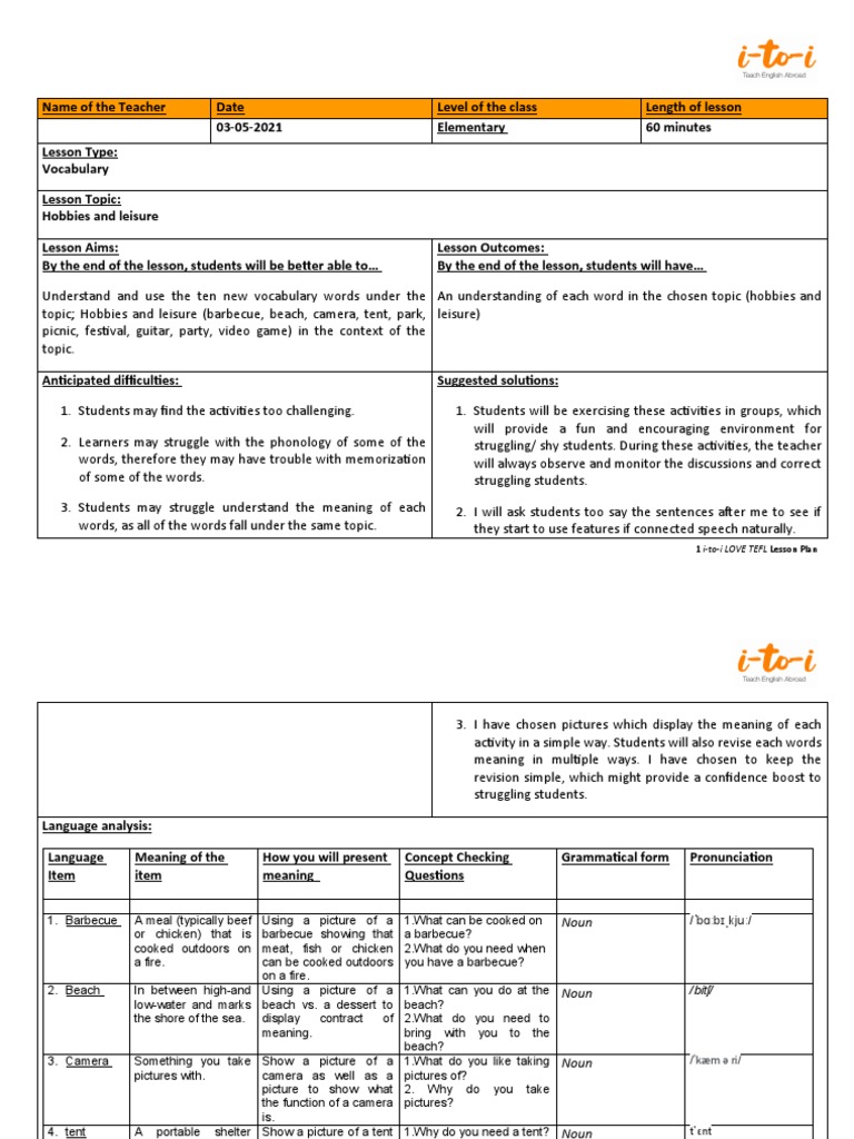 Lesson Plan (Assignment 1) . | PDF | Vocabulary | Lesson Plan