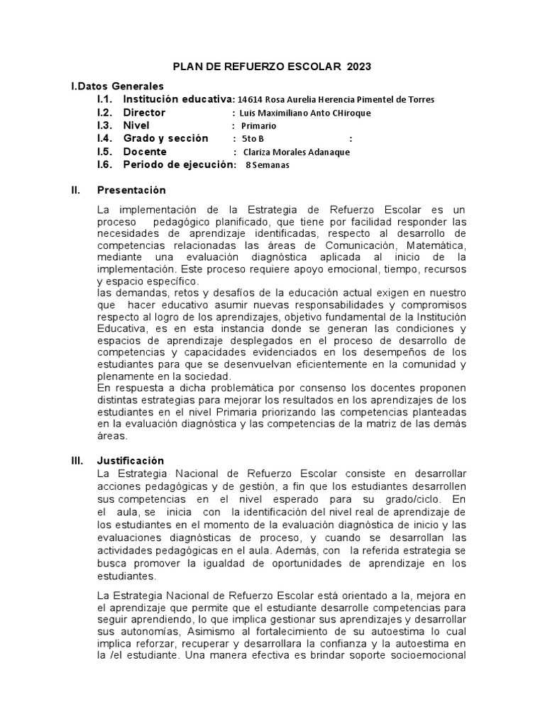 Plan de Refuerzo Escolar - La Pepita Cristal | PDF | Evaluación | Educación primaria