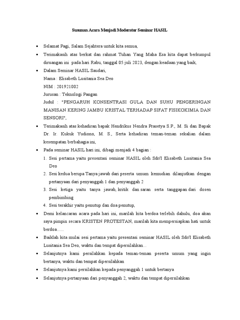 Susunan Acara Menjadi Moderator Seminar HASIL | PDF