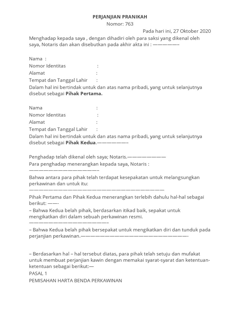 Contoh Perjanjian Pranikah Resmi | PDF