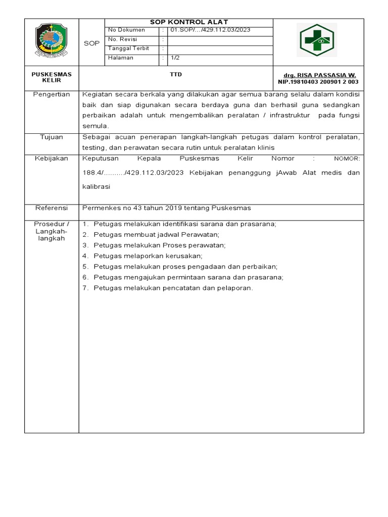 SOP Kontrol dan Perawatan Alat Medis | PDF