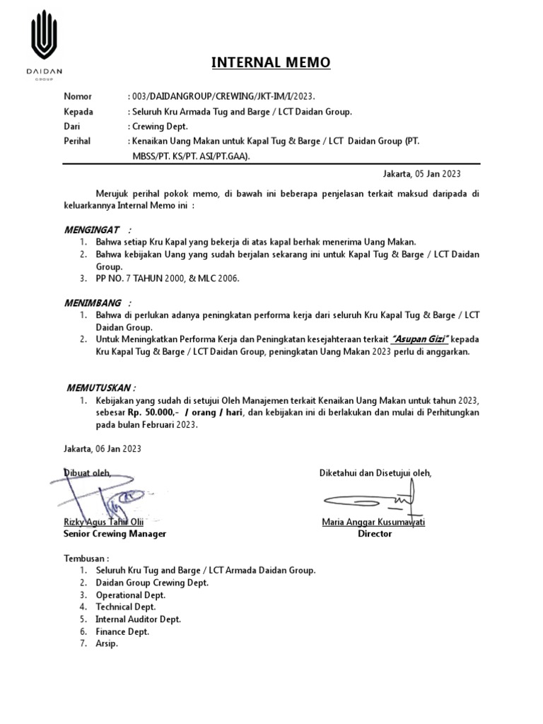 MEMO INTERNAL - Kenaikan Uang Makan Tug and Barge - Daidan Group (SIGNED) | PDF
