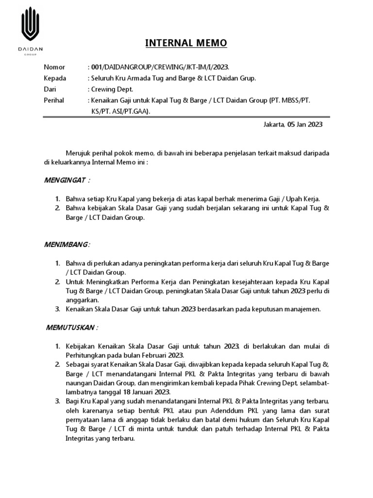 Internal Memo Kenaikan Gaji 2023 & Panduan Mengisi Internal PKL & Pi ...