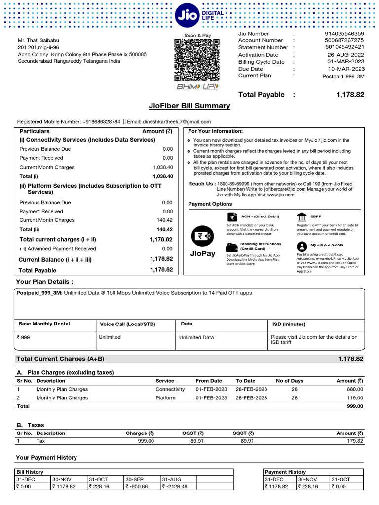 Jiofiber Bill Summary: Total Payable 1,178.82 | PDF | Payments | Banks