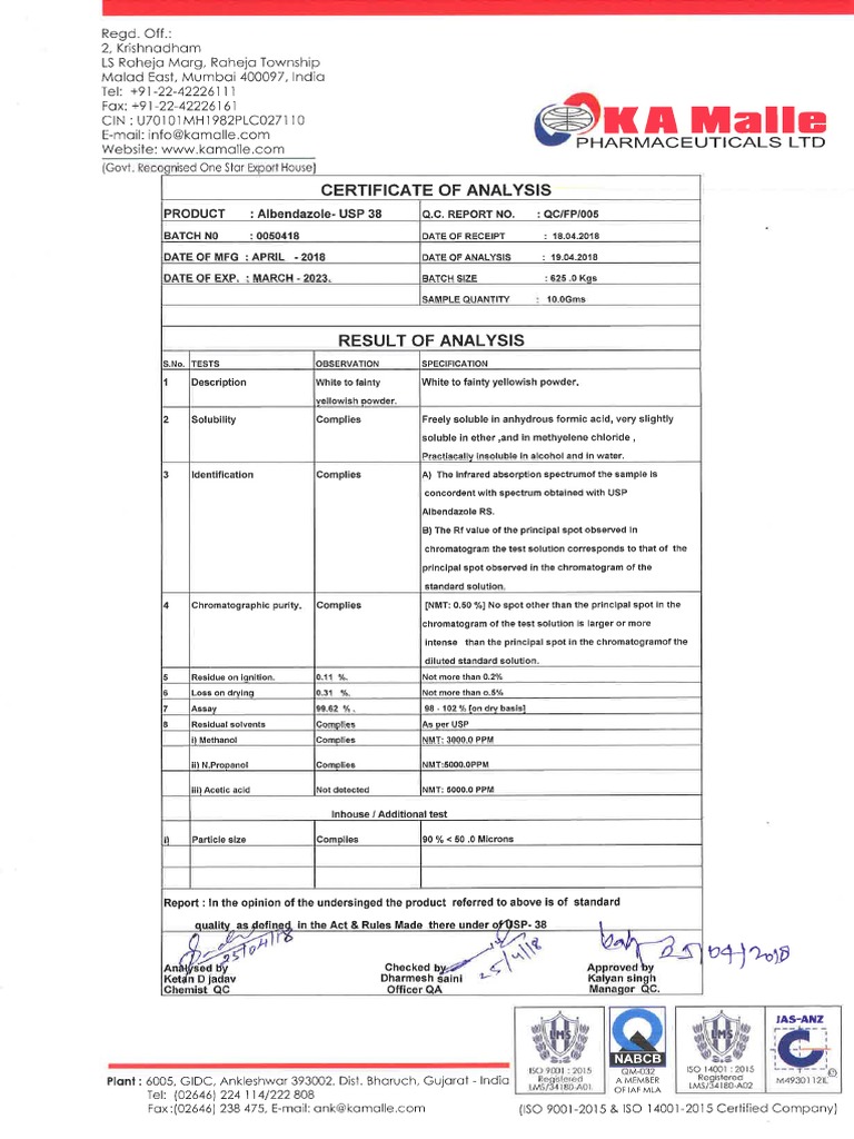 Albendazole ABZ USP 39 COA - Kamalle.rudolf | PDF