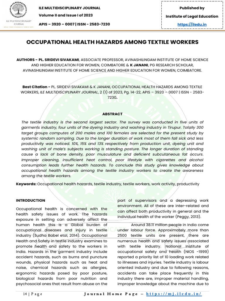 OCCUPATIONAL HEALTH HAZARDS AMONG TEXTILE WORKERS | PDF | Occupational ...