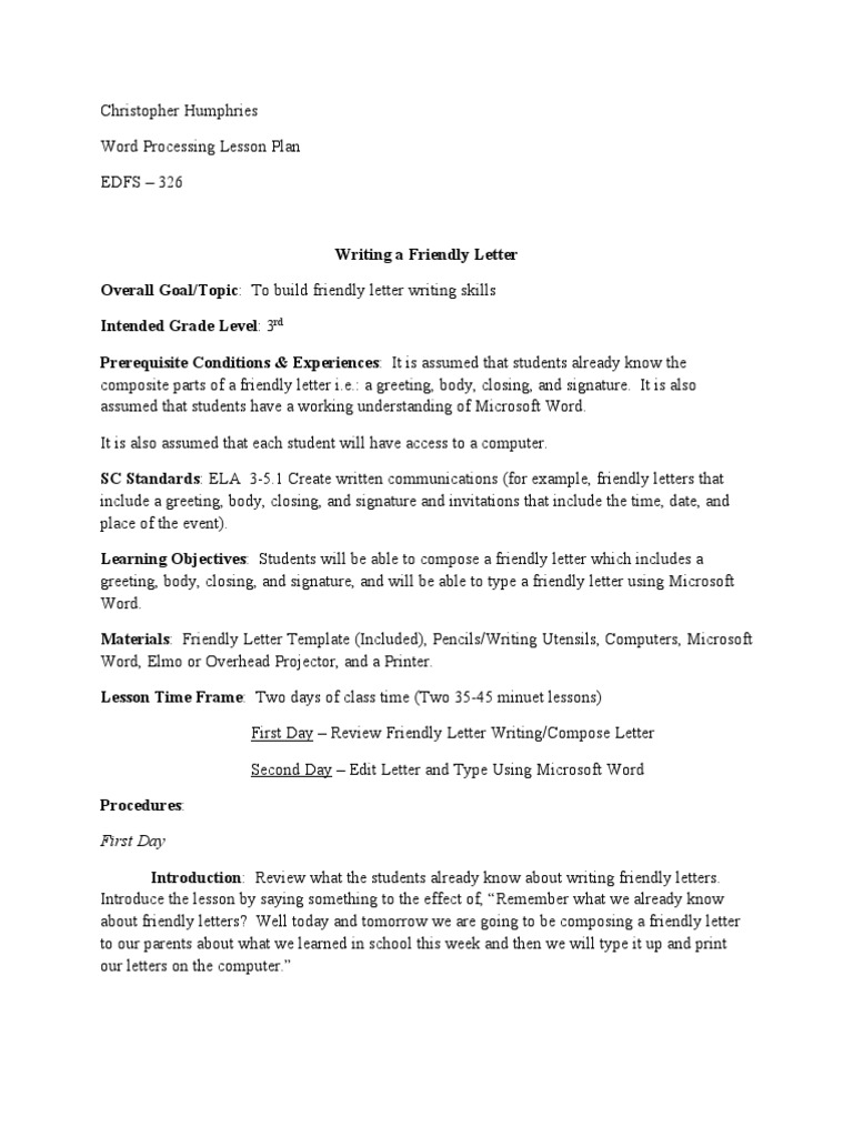 Friendly Letter Writing Lesson Plan | PDF | Lesson Plan | Cognition