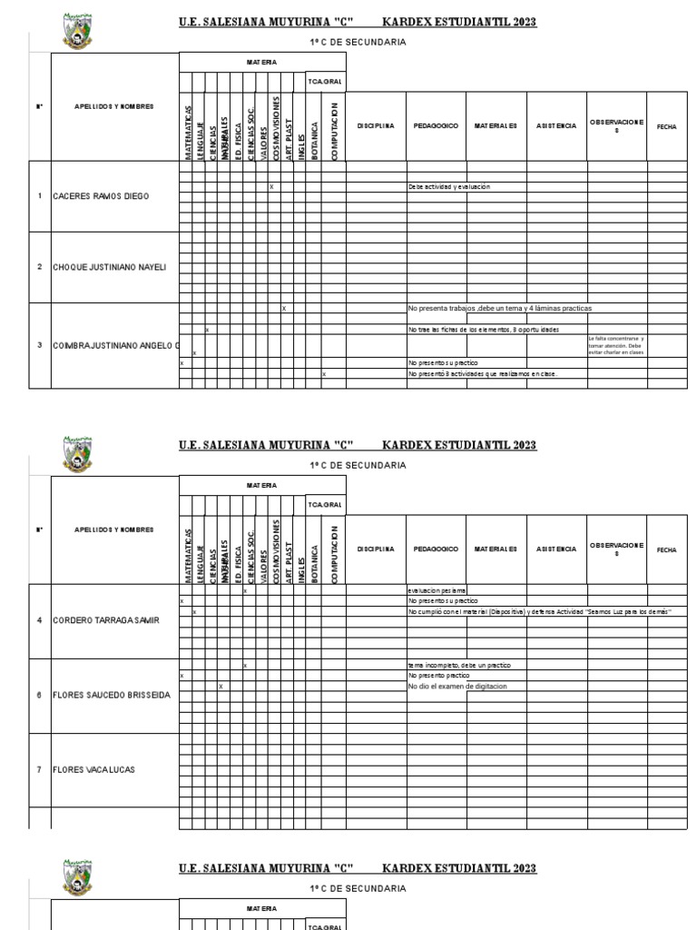 86-KARDEX ESTUDIANTIL 2023 2° Trim - 1C | PDF | Ciencias fisicas