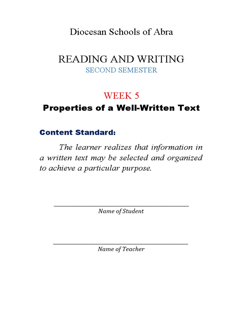 WEEK 5 Properties of a Well Written Text | PDF | Cyberbullying | Cotton