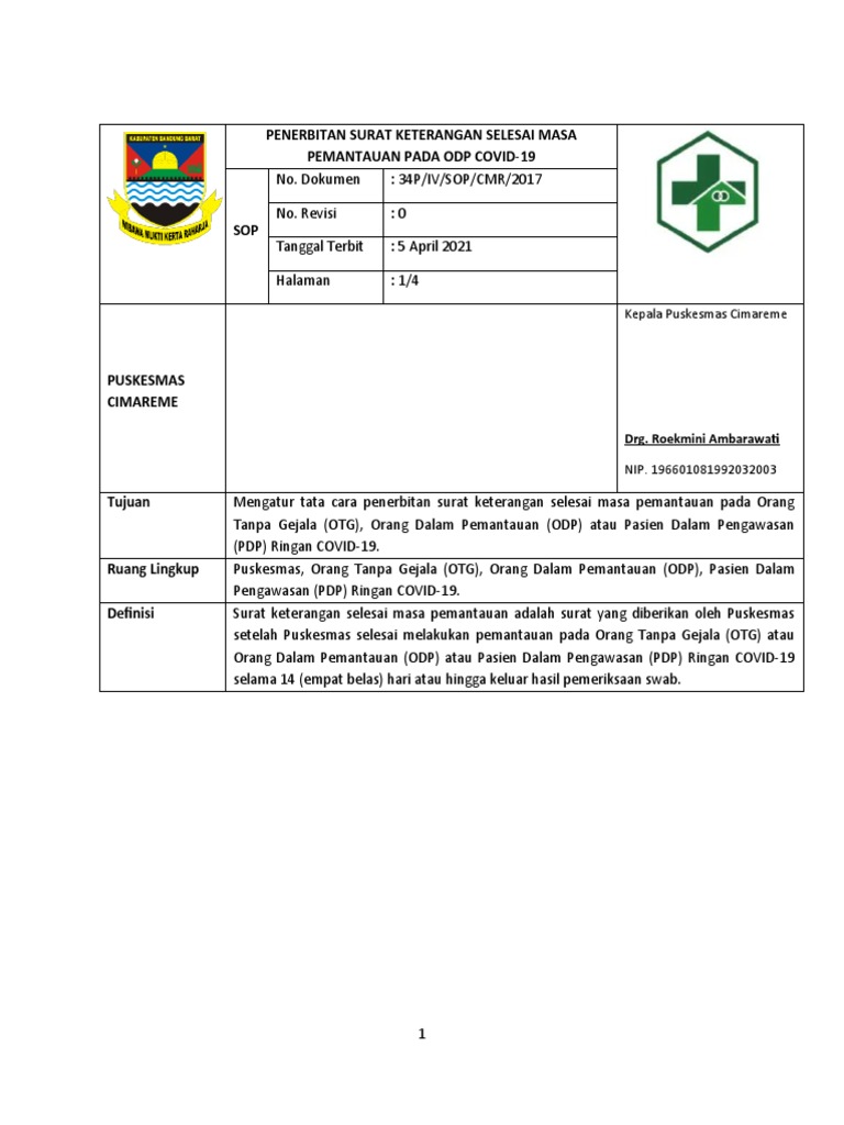 P. Sop Penerbitan Surat Keterangan Selesai Masa Pemantauan Pada Odp Covid-19 | PDF