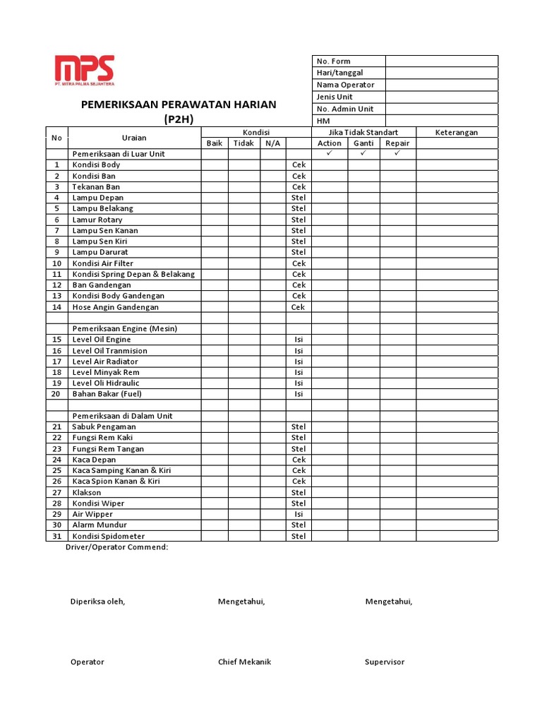 Panduan P2H Alat Berat Harian | PDF
