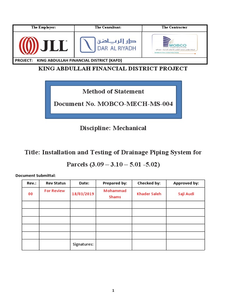 Method Statement For Drainage Pipe System | PDF | Pipe (Fluid Conveyance) | Fire Sprinkler System