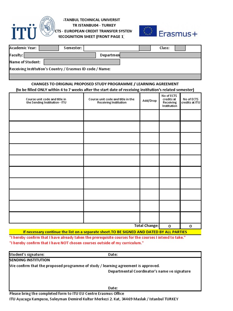 ITU Erasmus Learning Agreement Changes | PDF