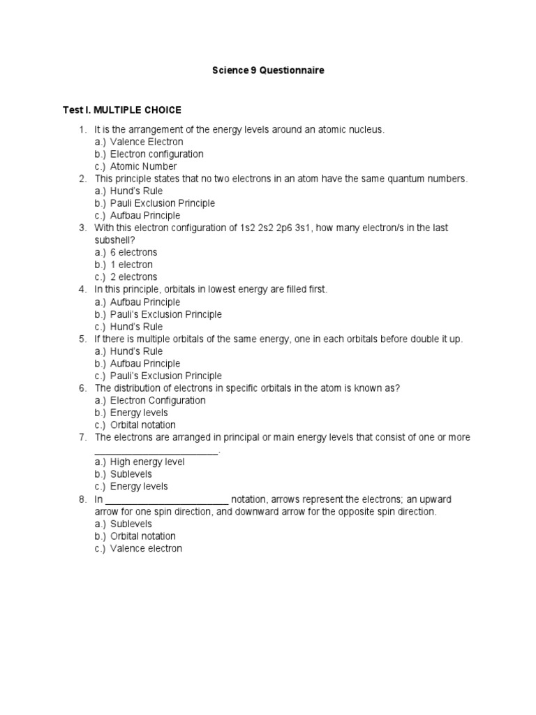 Science 9 Electron Configuration Quiz | PDF