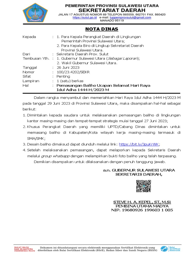 Nota Dinas Pemasangan Baliho Ucapan Selamat Hari Raya Idul Adha 1444 H ...