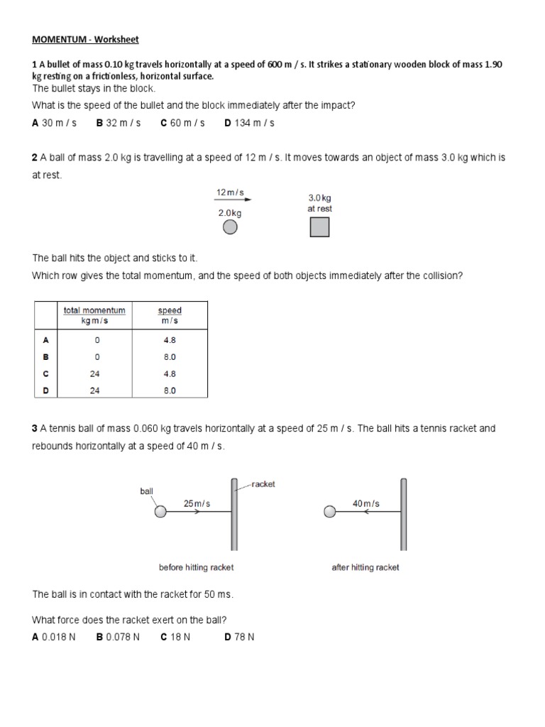 QP - Worksheet-1 (Momentum) | PDF | Collision | Force