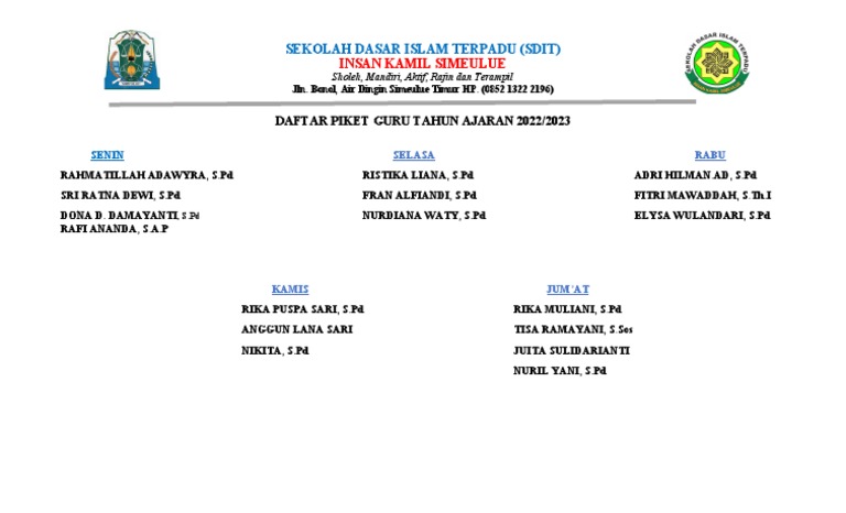 Daftar Piket Harian Guru Tahun Ajaran 2022 2023 | PDF