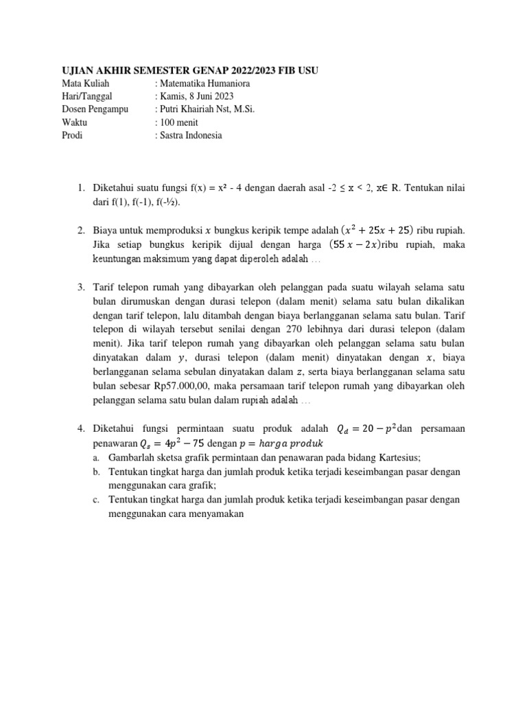 Uas Math Humaniora 2022 2023 Genap-Sasindo | PDF