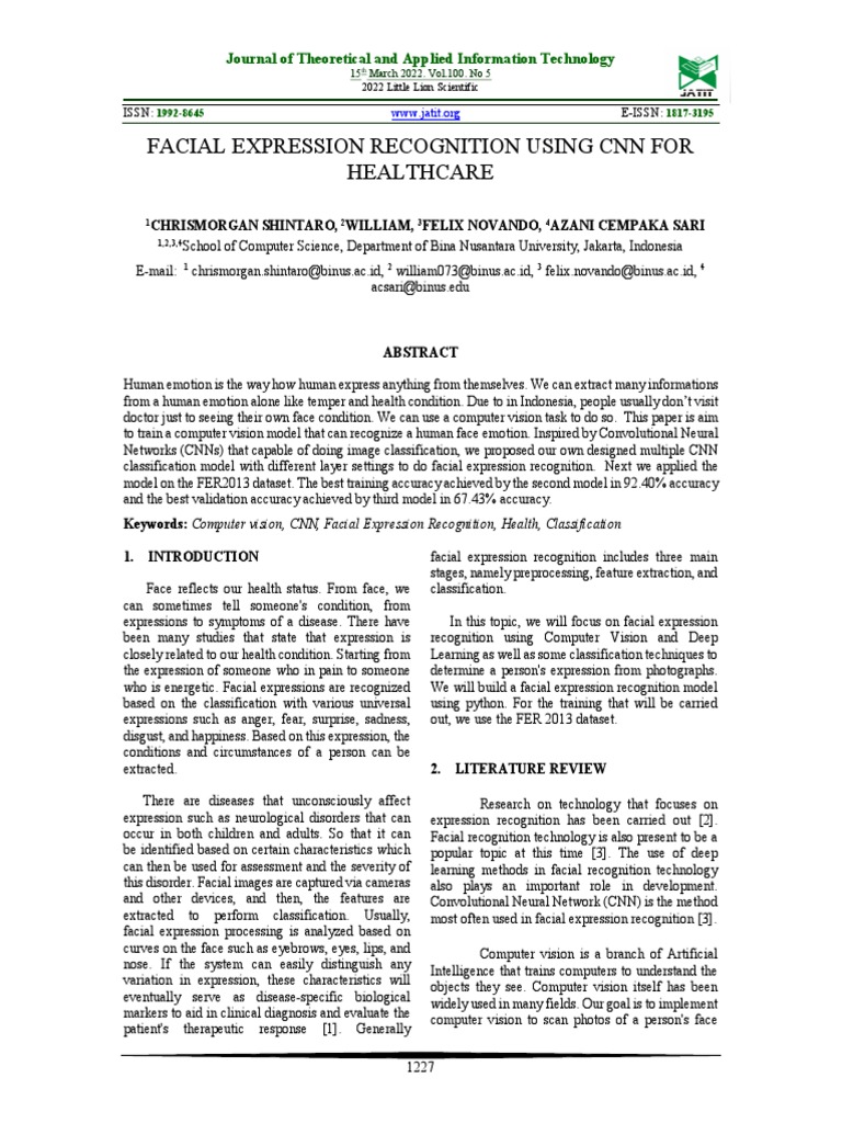 Facial Expression Recognition Using Cnn For Healthcare Pdf
