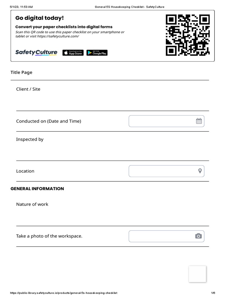 General 5s Housekeeping Checklist Safetyculture Pdf Computing