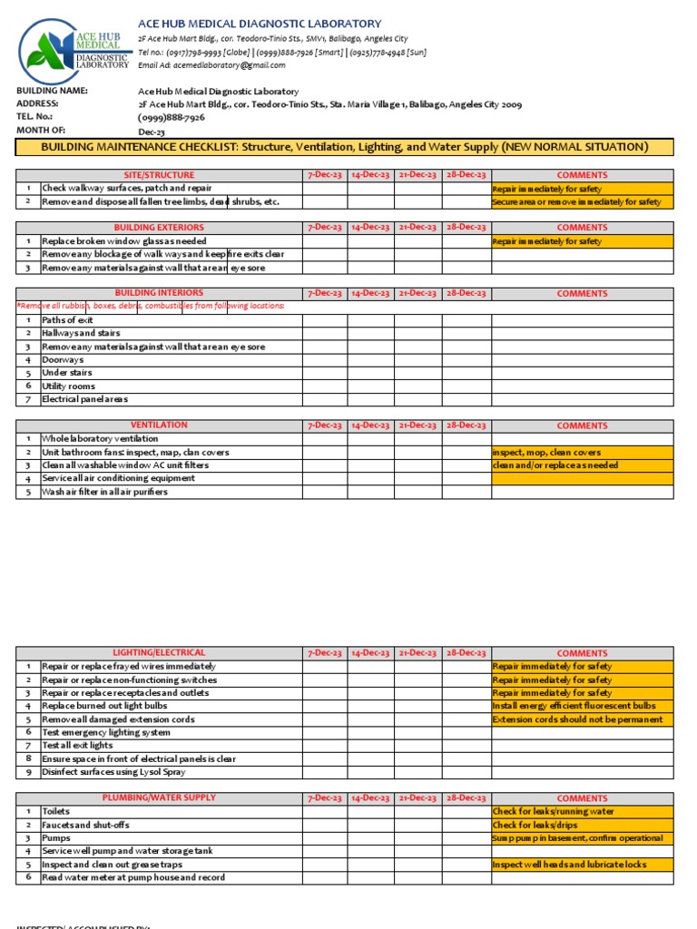 Building Maintenance Checklist 2023 | PDF | Lighting | Pump