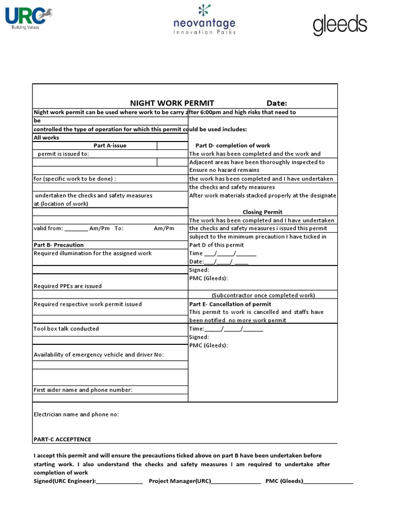 Night Work Permit Template | PDF | Safety | Occupational Safety And Health