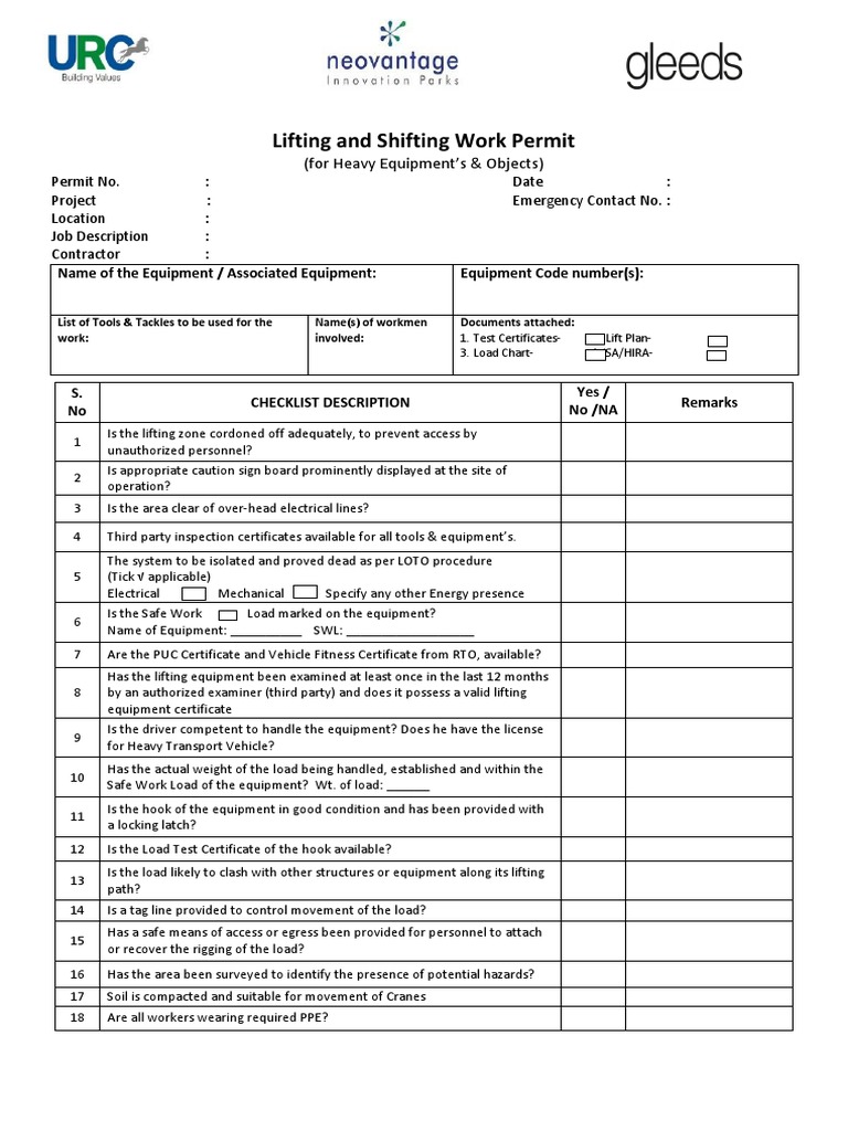 URC EHS 39 Lifting and Shifting Work Permit | PDF | Safety