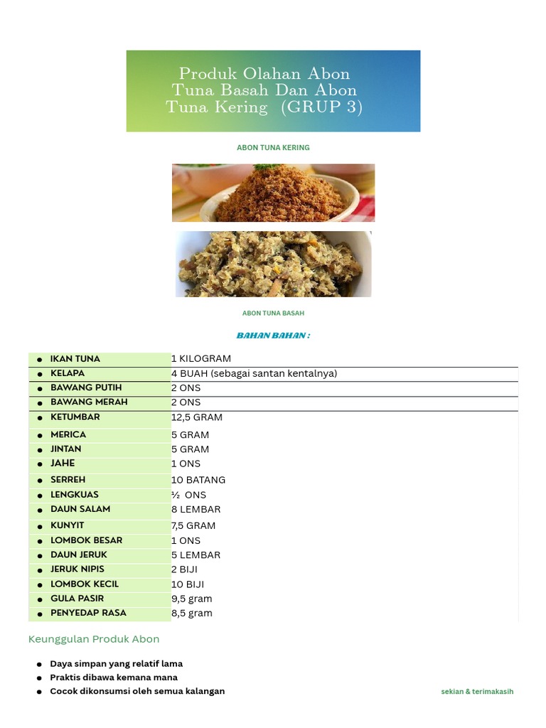 Contoh Resep Dan Komposisi Tuna Abon | PDF