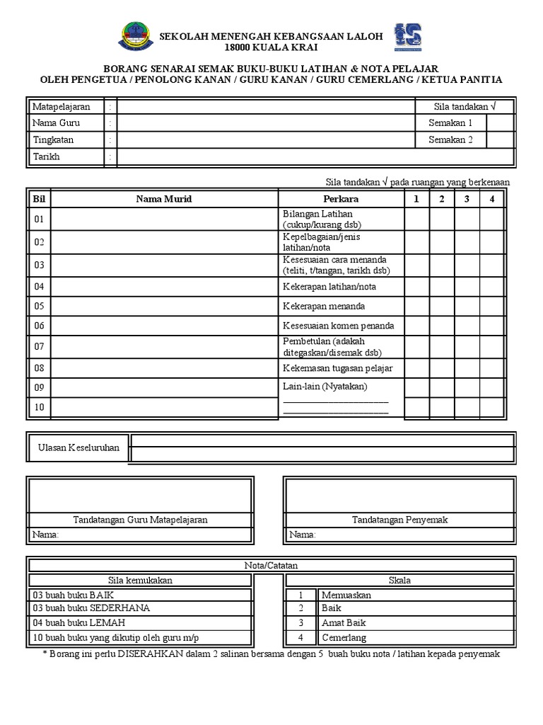 Borang Senarai Semak Buku Latihan & Nota SMK Laloh | PDF