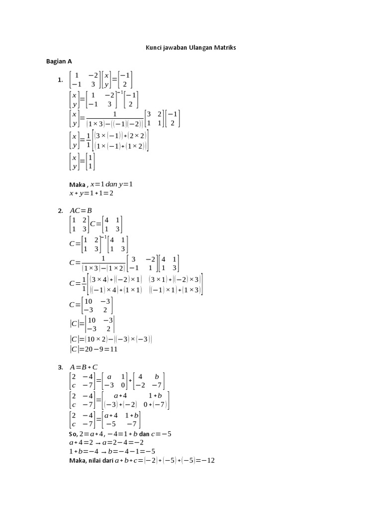 Kunci Jawaban Ulangan Matriks | PDF