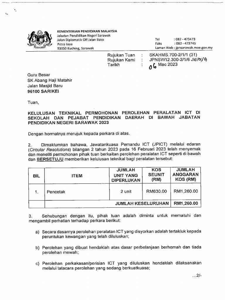 Surat Kelulusan Jpict-Bil2.2023-Sk Abang Haji Matahir, Sarikei | PDF