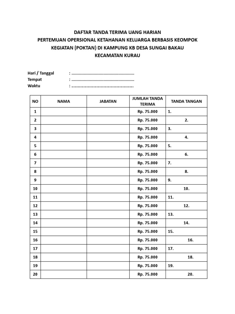 Daftar Tanda Terima Uang Harian | PDF