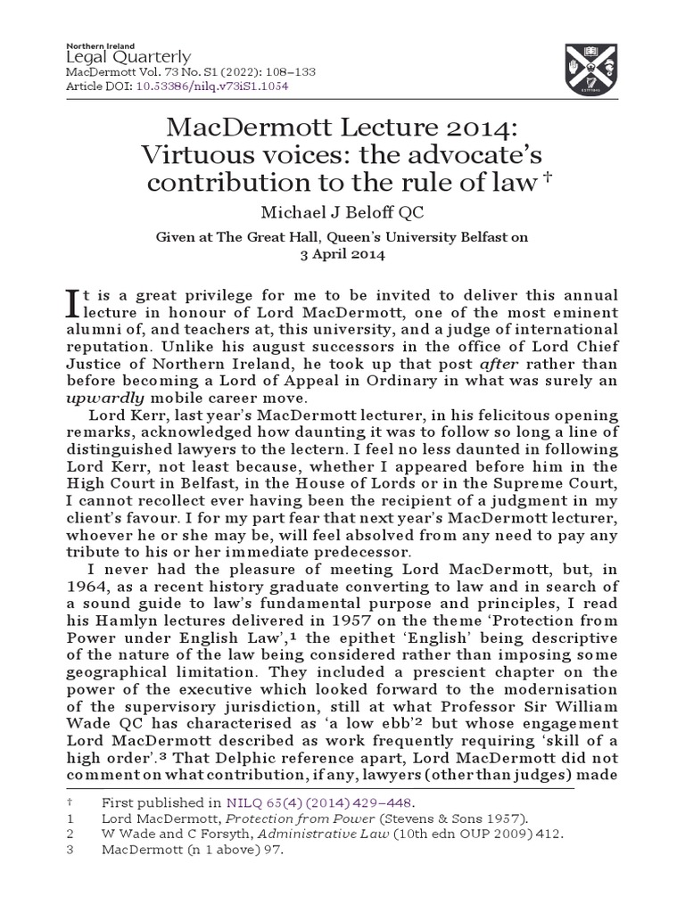 Michael Beloff, QC - MacDermott Lecture On Virtuous Voices of Counsel ...