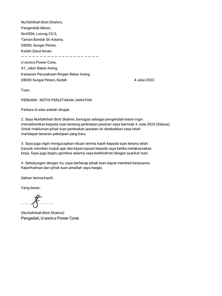 Contoh Surat Berhenti Kerja Kilang Dengan Notis 24 Jam 1 | PDF