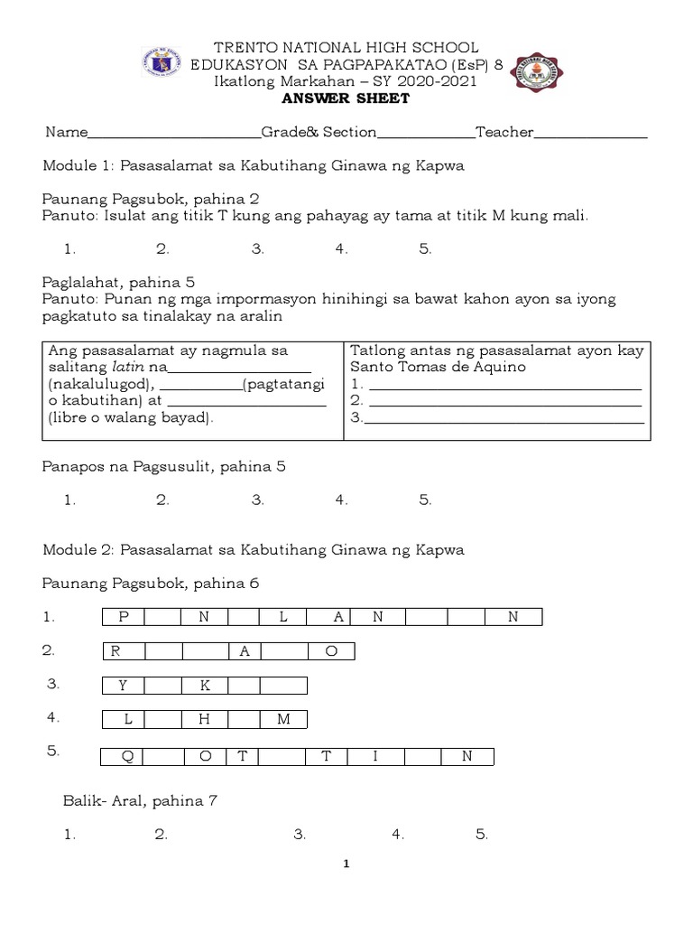Esp Answer Sheet 3RD Grading | PDF