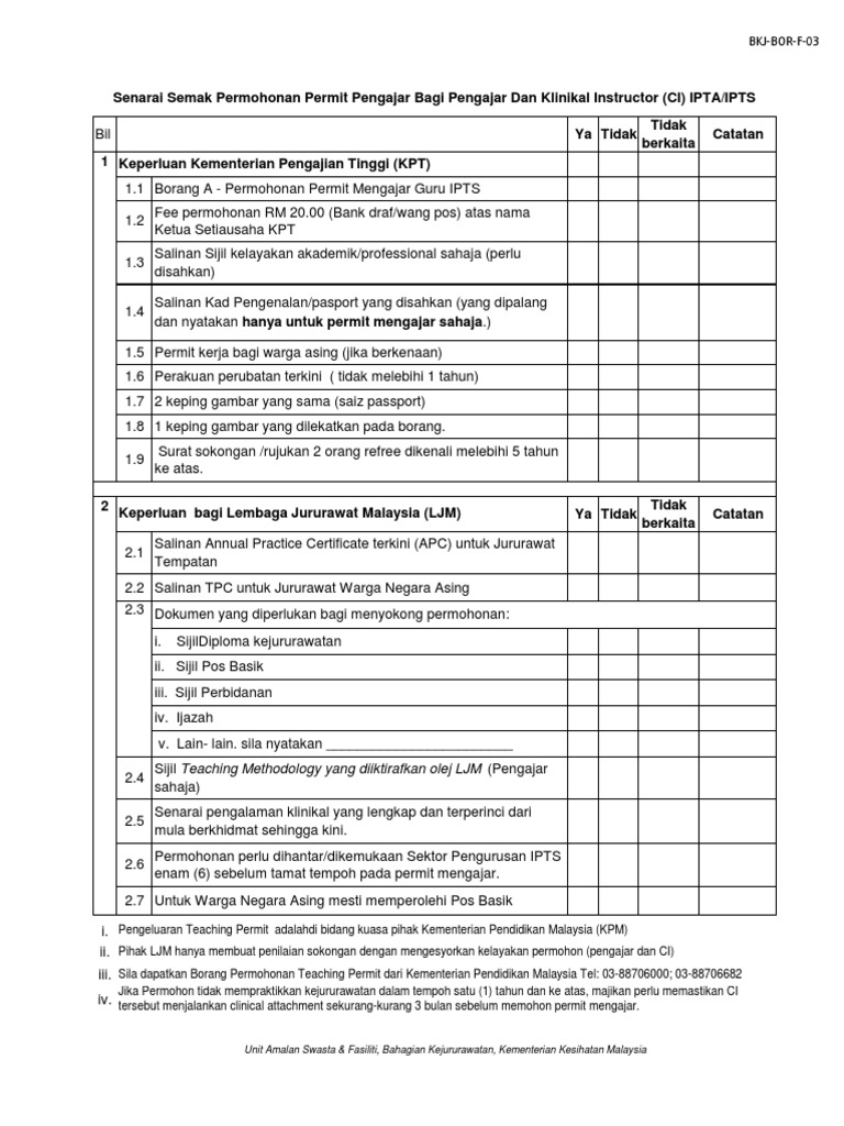 Senarai Semak Teaching Permit - BKJ-BOR-F-03 2014 | PDF