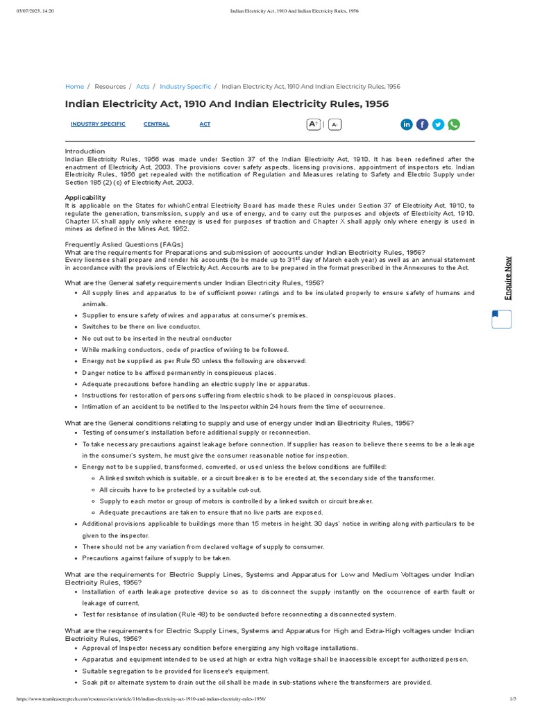 Indian Electricity Act, 1910 and Indian Electricity Rules, 1956 | PDF | Electrical Substation ...