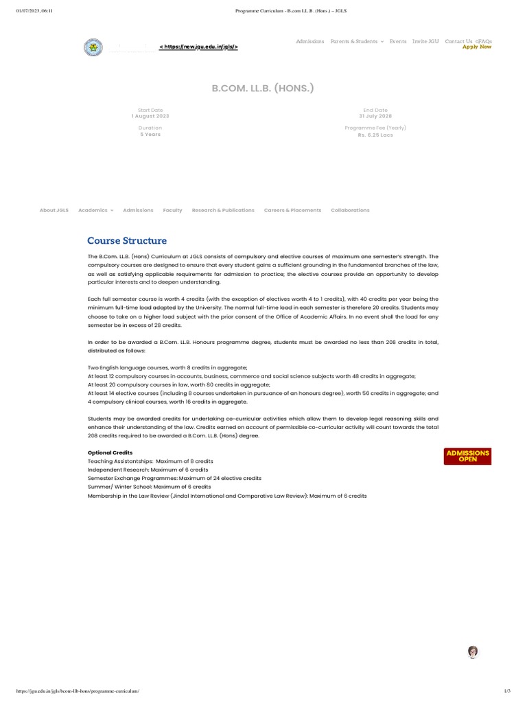 Programme Curriculum - B.com LL.B. (Hons.) - JGLS | PDF | Academic Degree | Curriculum