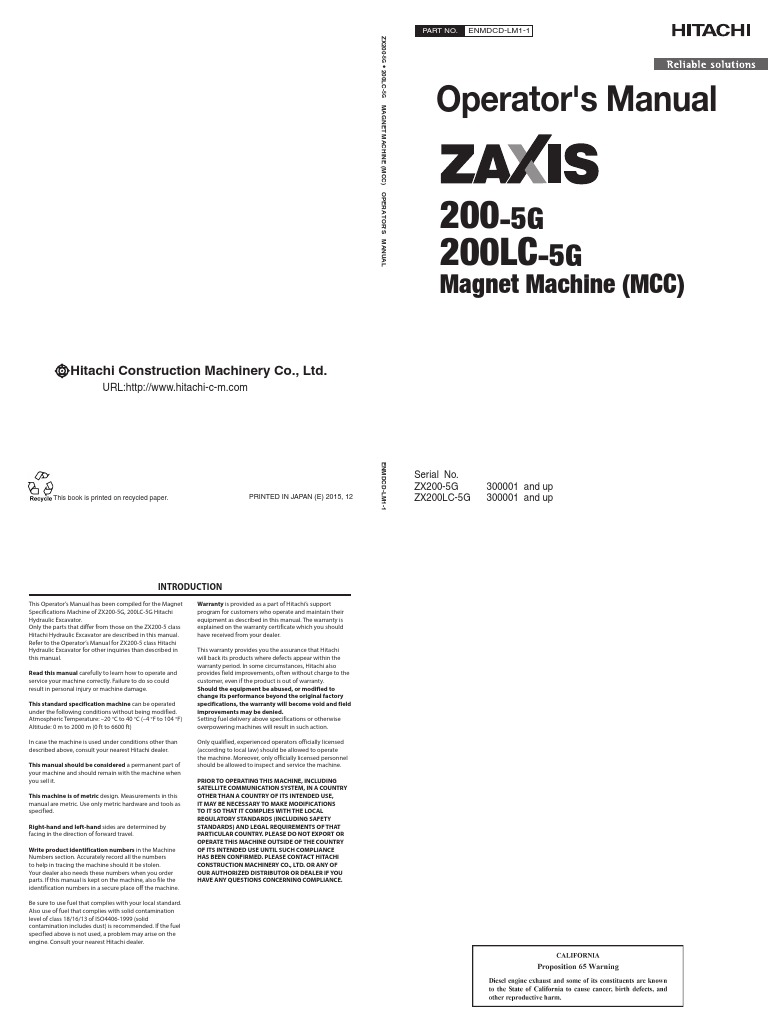 Hitachi ZX200-5G Operator's Manual | PDF | Safety | Hazards