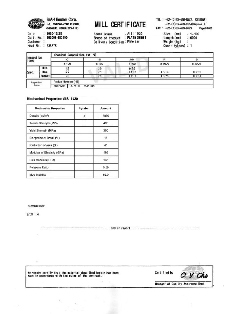Mill Sertificate Plate Sheet AISI 1020 # 1mm - 100mm | PDF