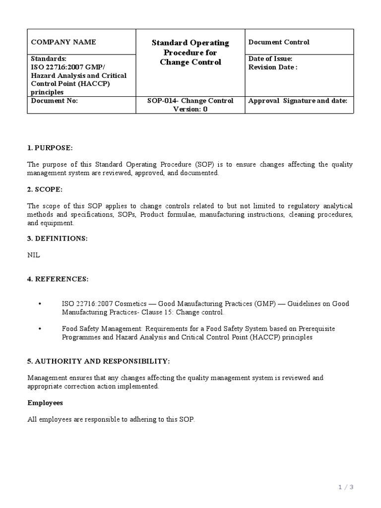 16 GMP SOP 014 Change Control | PDF | Hazard Analysis And Critical Control Points | Business