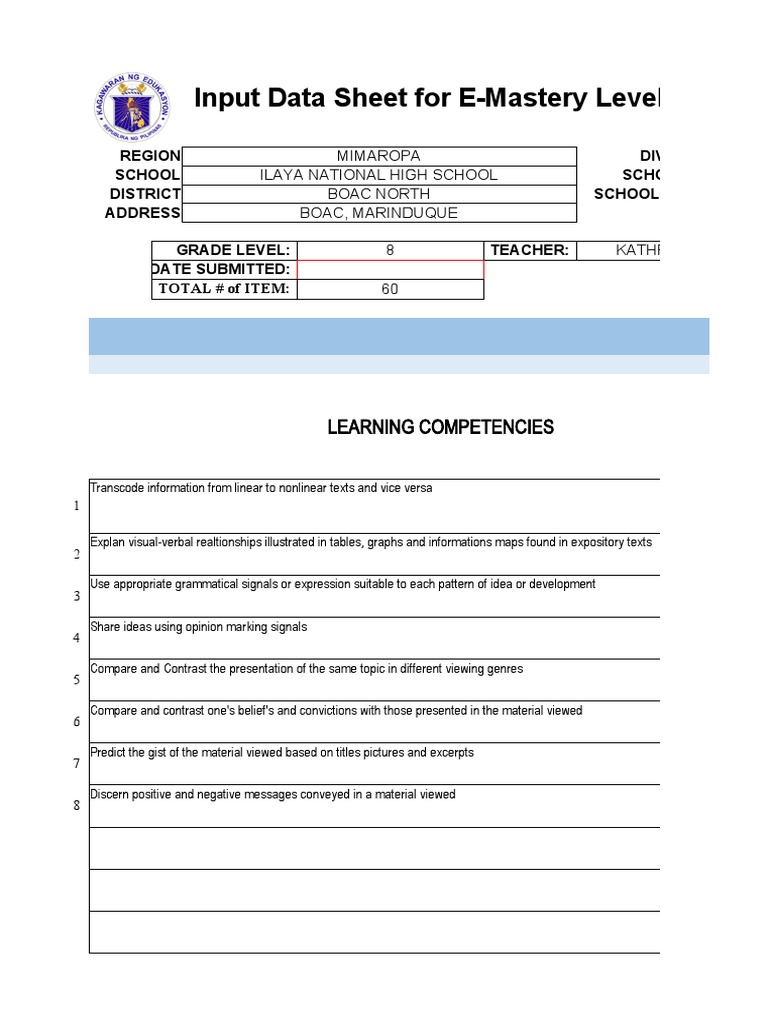 E-Mastery Input Data Sheet: Grade 8 English | PDF | Information | Learning
