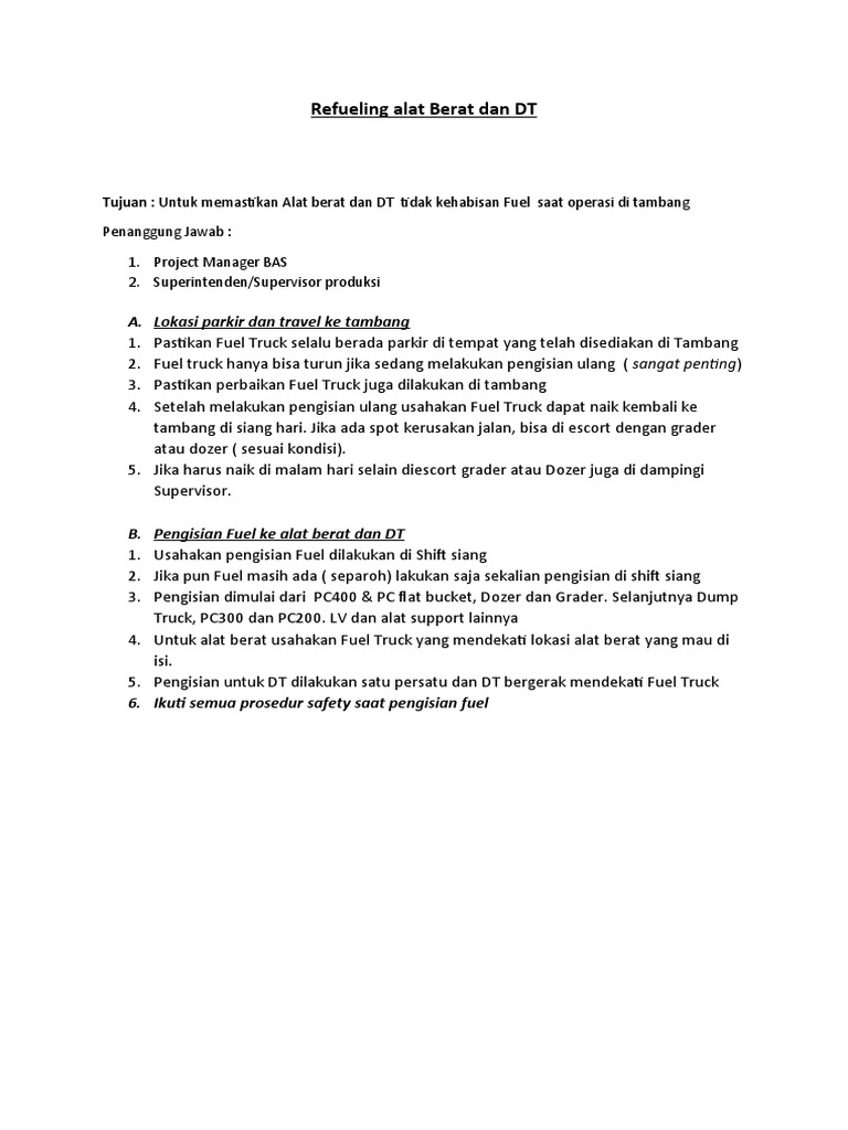 Refueling Alat Berat Dan DT | PDF