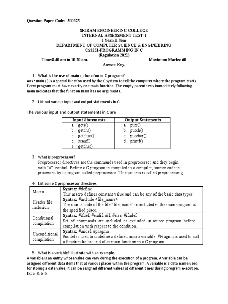 Ia Ques An D Answerkey Pdf Computer Program Programming