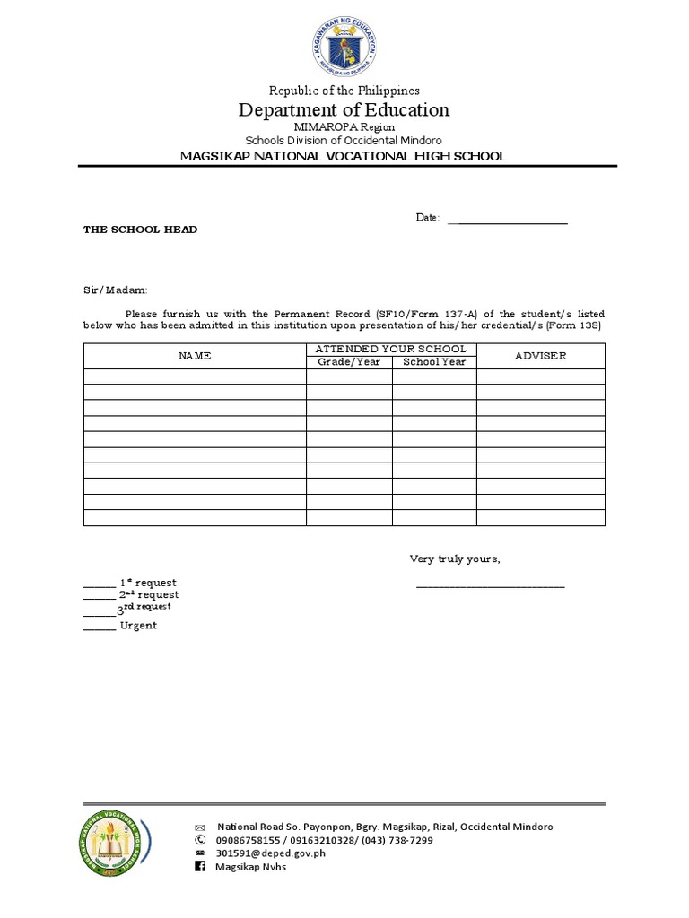 F-137 Request Form | PDF | Philippines