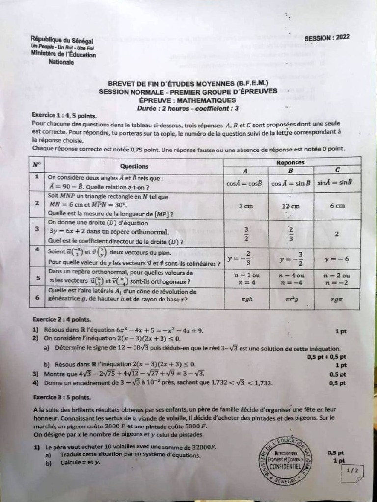Bfem 2022 Épreuve de Mathematiques Session Normale 1er Groupe, Senegal | PDF